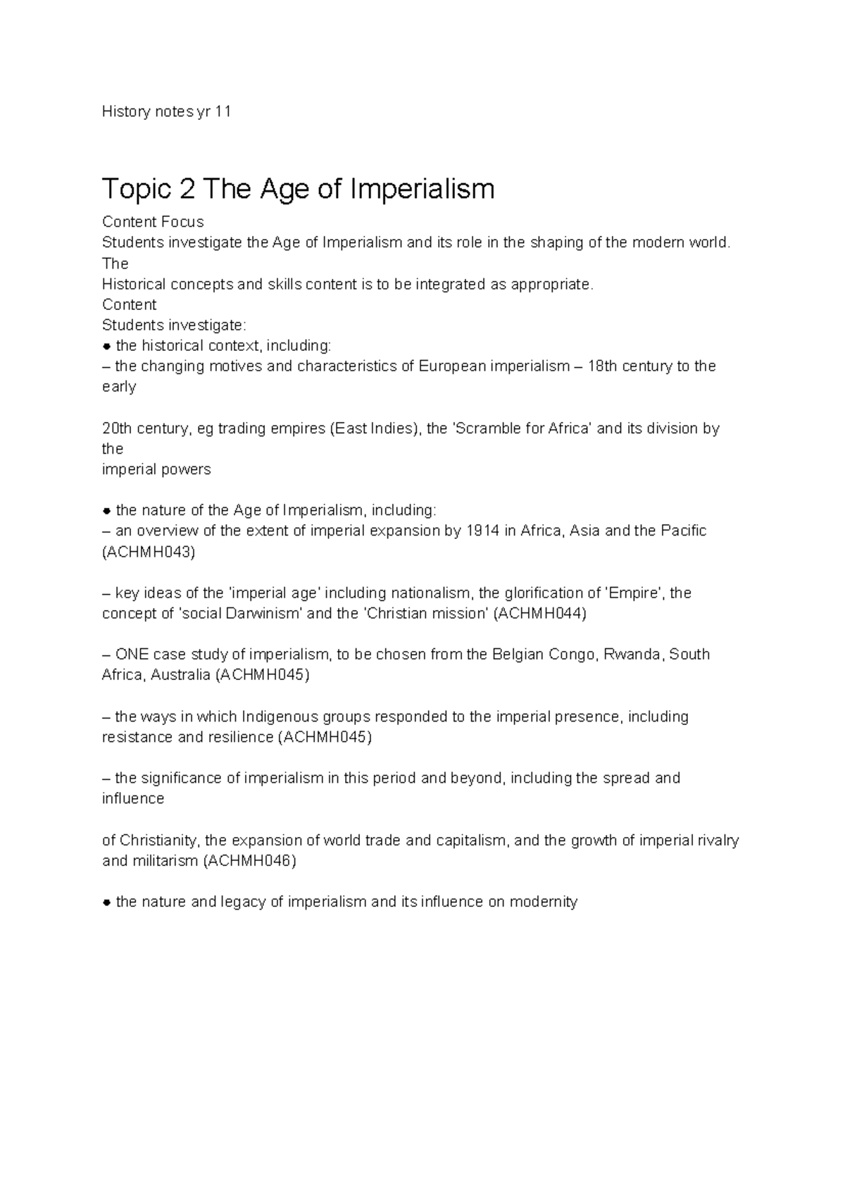 History Notes Yr 11: Topic 2 - The Age of Imperialism Insights - Studocu
