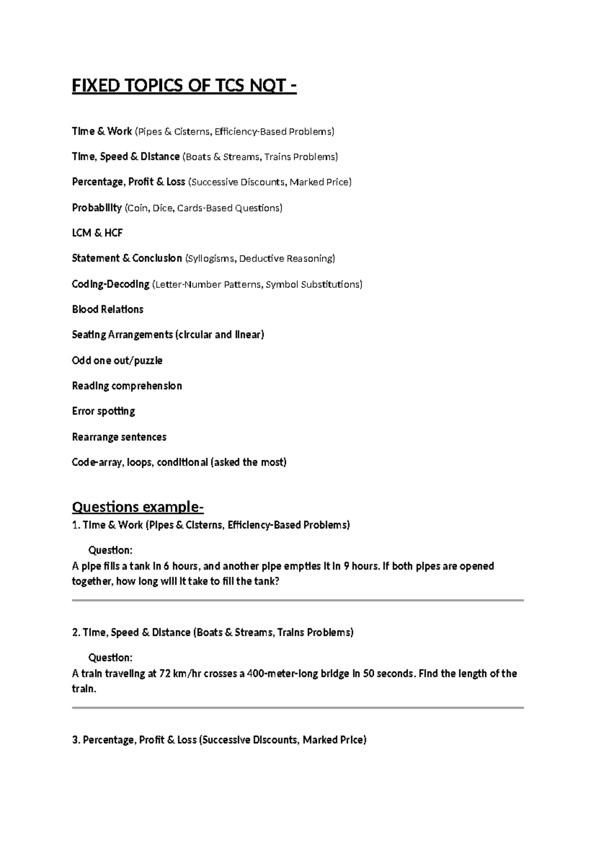 TCS NQT Fixed Topics Review: Key Areas and Example Questions - Studocu