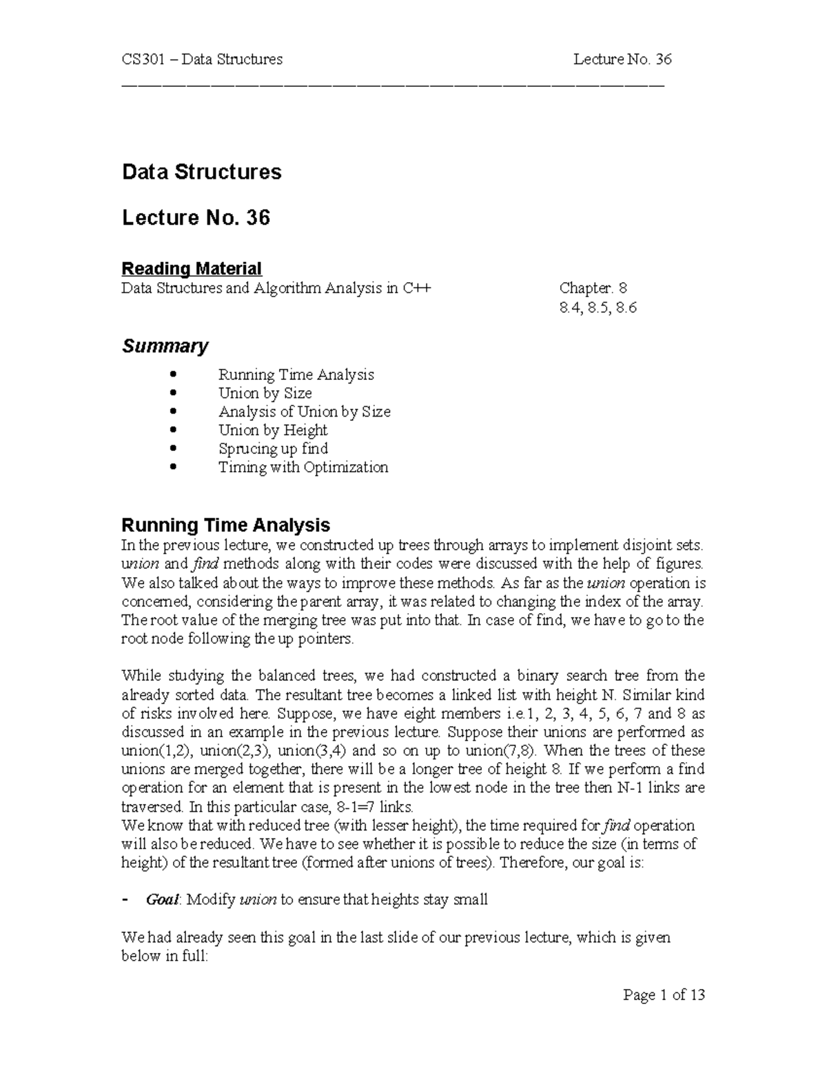 CS301 Data Structures Lecture 36: Union-Find Optimization Techniques - Studocu