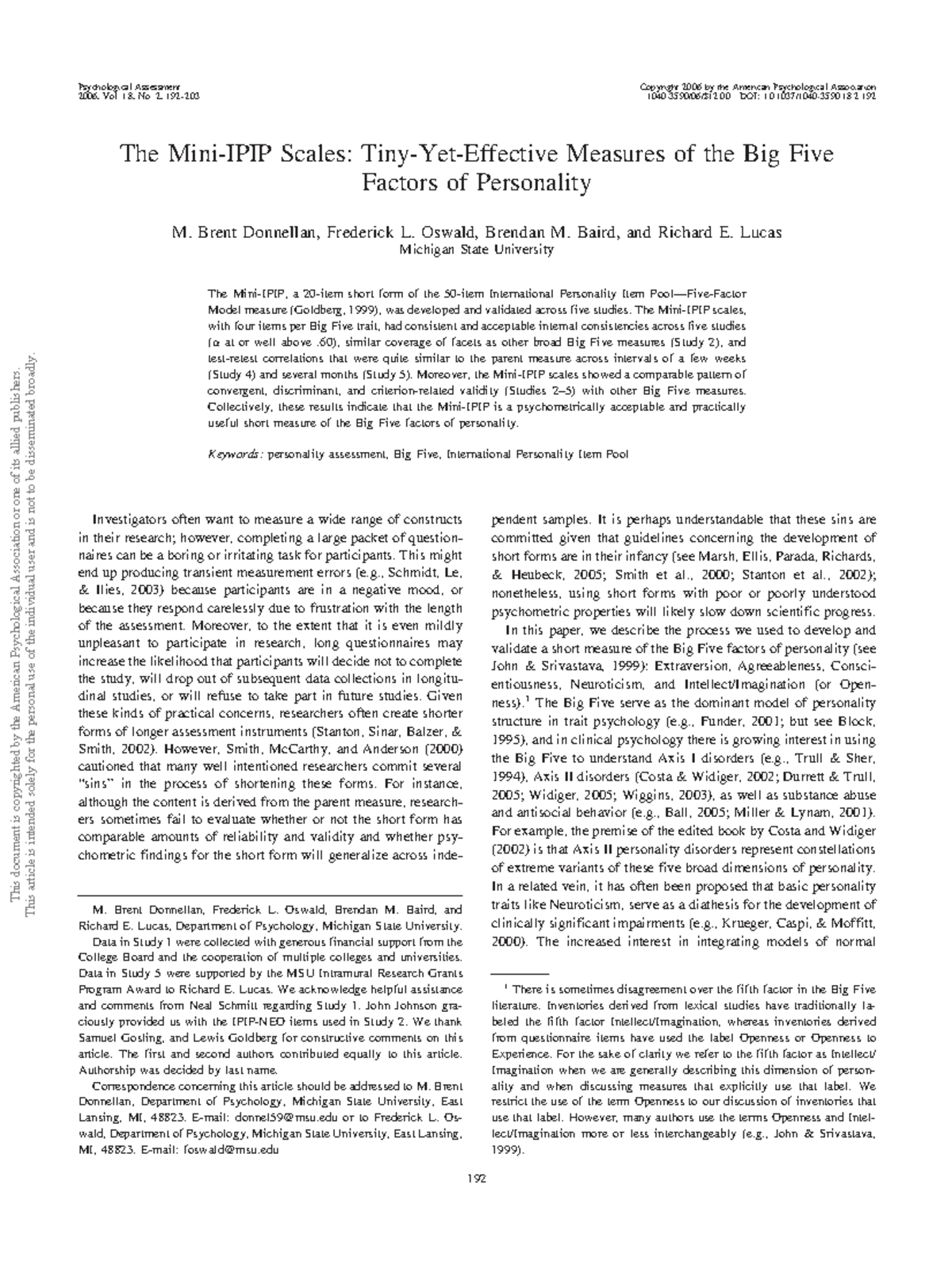 Mini IPIP: A Short Measure of the Big Five Personality Traits - Studocu