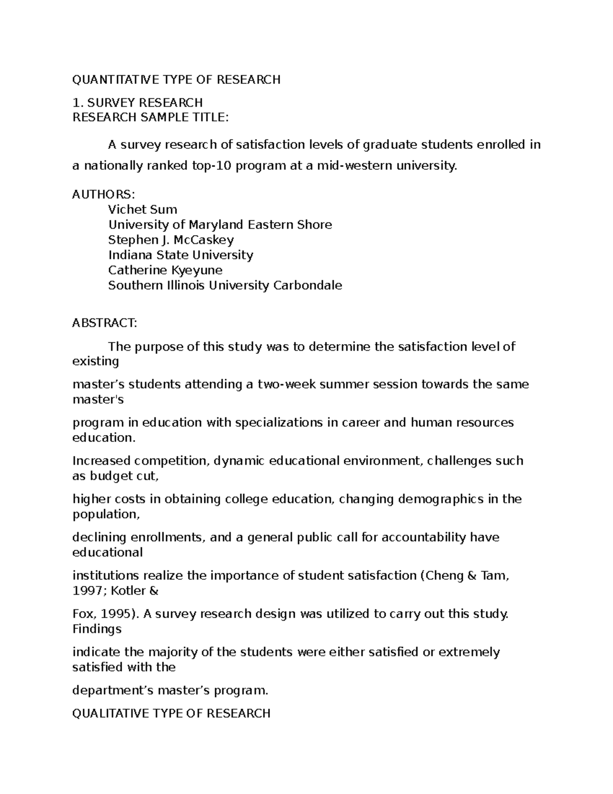 Research 1-assignment - QUANTITATIVE TYPE OF RESEARCH 1. SURVEY ...