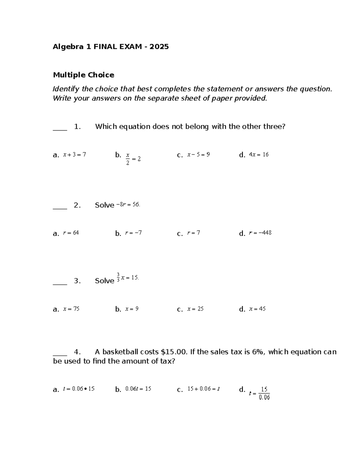 Algebra 1 FINAL EXAM 2025 - Multiple Choice Questions - Studocu