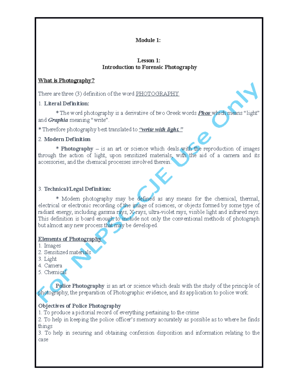 Module 1 Lesson 1 - Intro to Forensic Photography (Foren 1) - Studocu