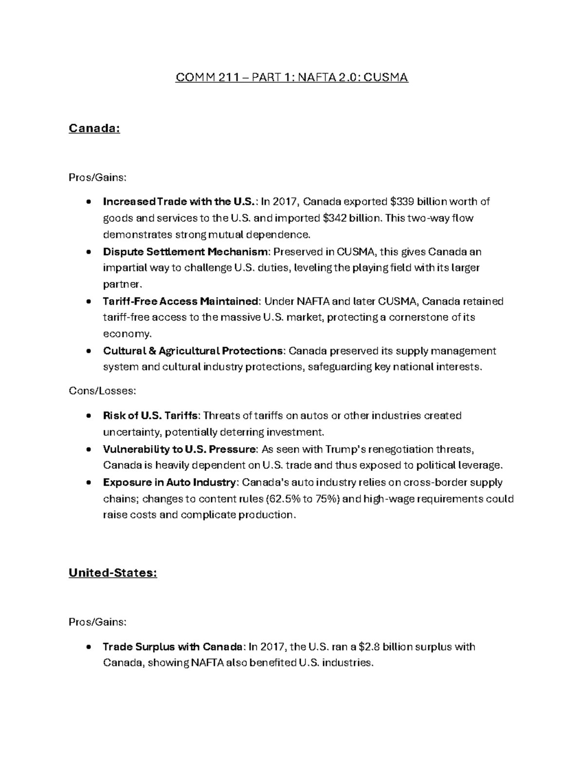 COMM 211: NAFTA 2.0 & CUSMA Overview and Impacts on Trade - Studocu