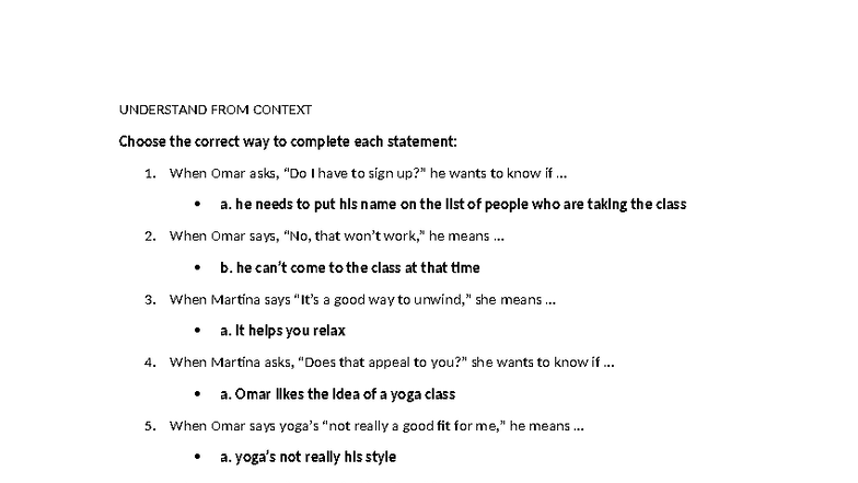 Understanding Context: Completing Statements and Pair Work - Studocu