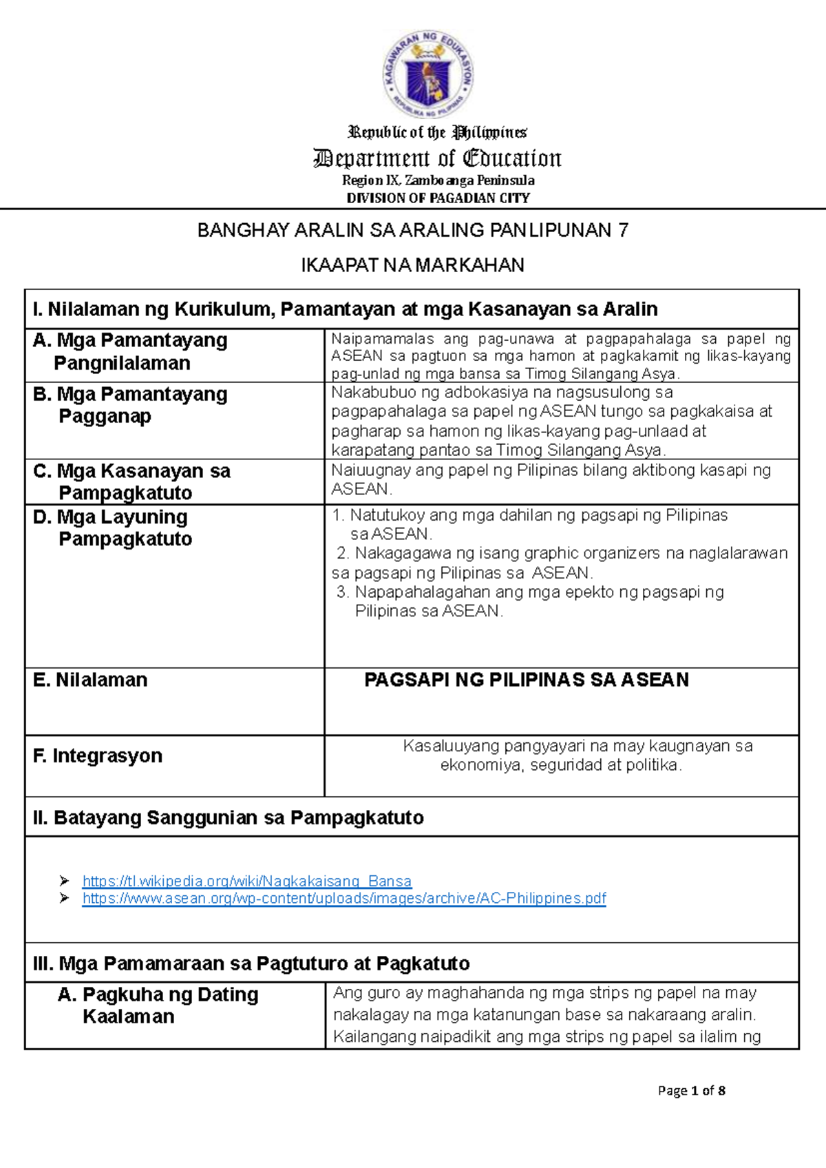 Banghay Aralin 4TH Quarter: Pagsapi ng Pilipinas sa ASEAN - Araling ...