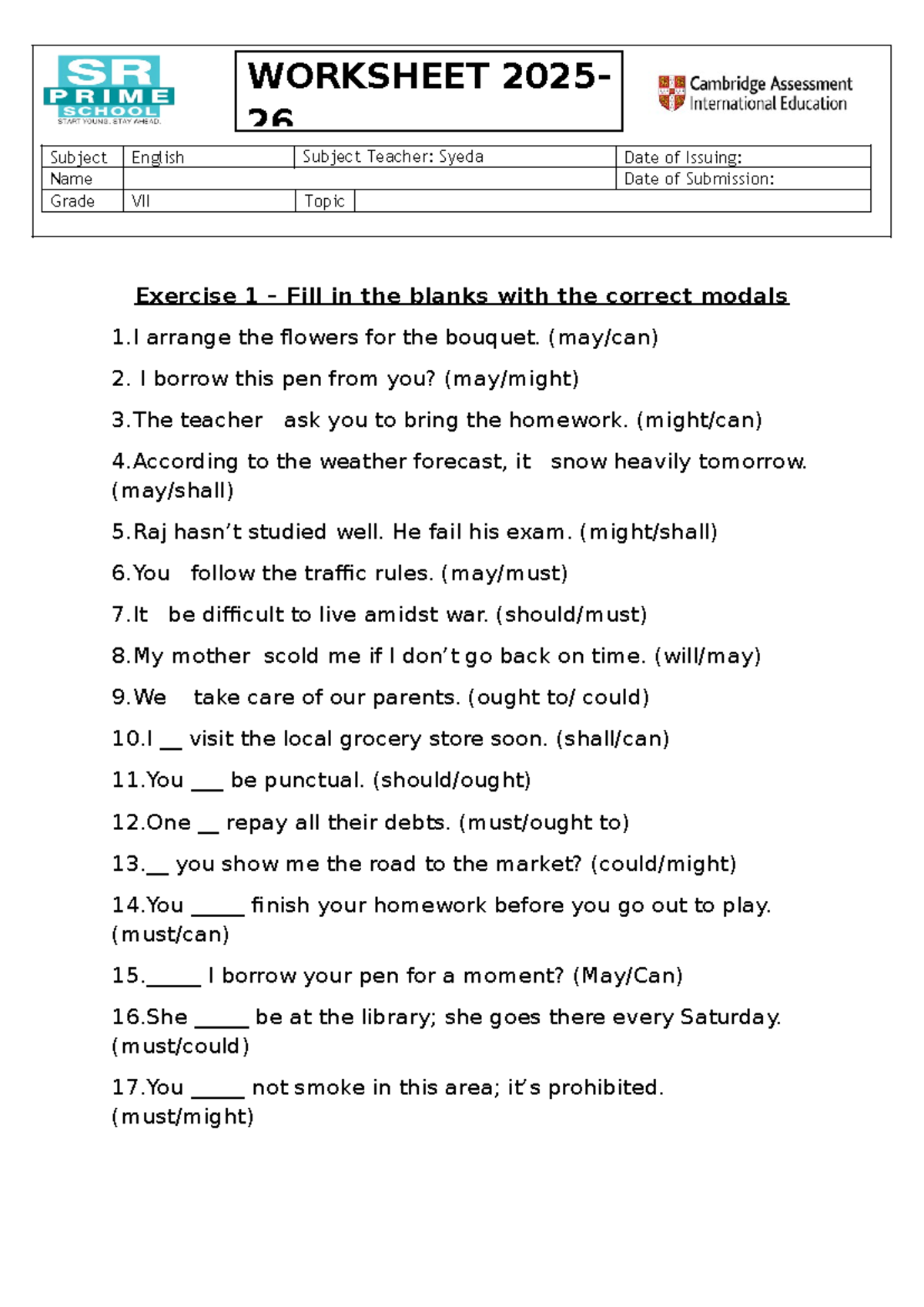 Grade VII English Worksheet: Modals, Adverbs & Figures of Speech - Studocu