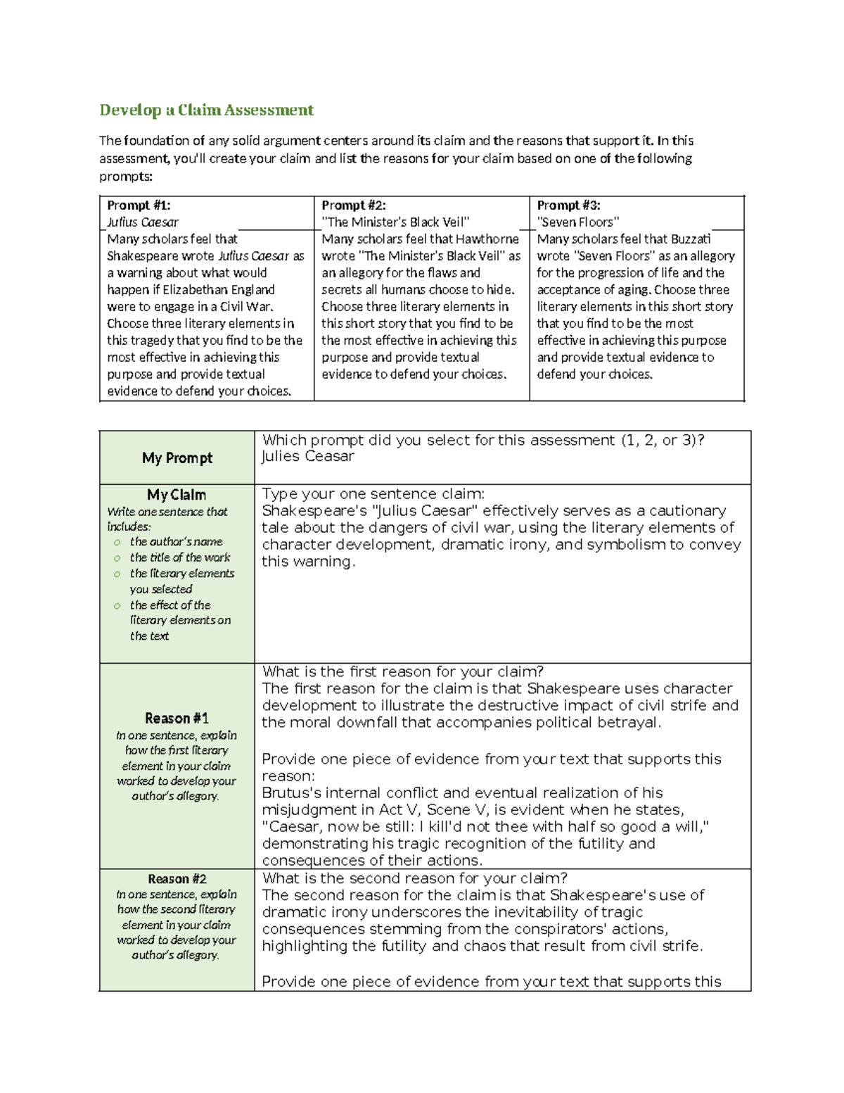 Develop a Claim Assessment Rubric for ENG 101: Julius Caesar Analysis ...