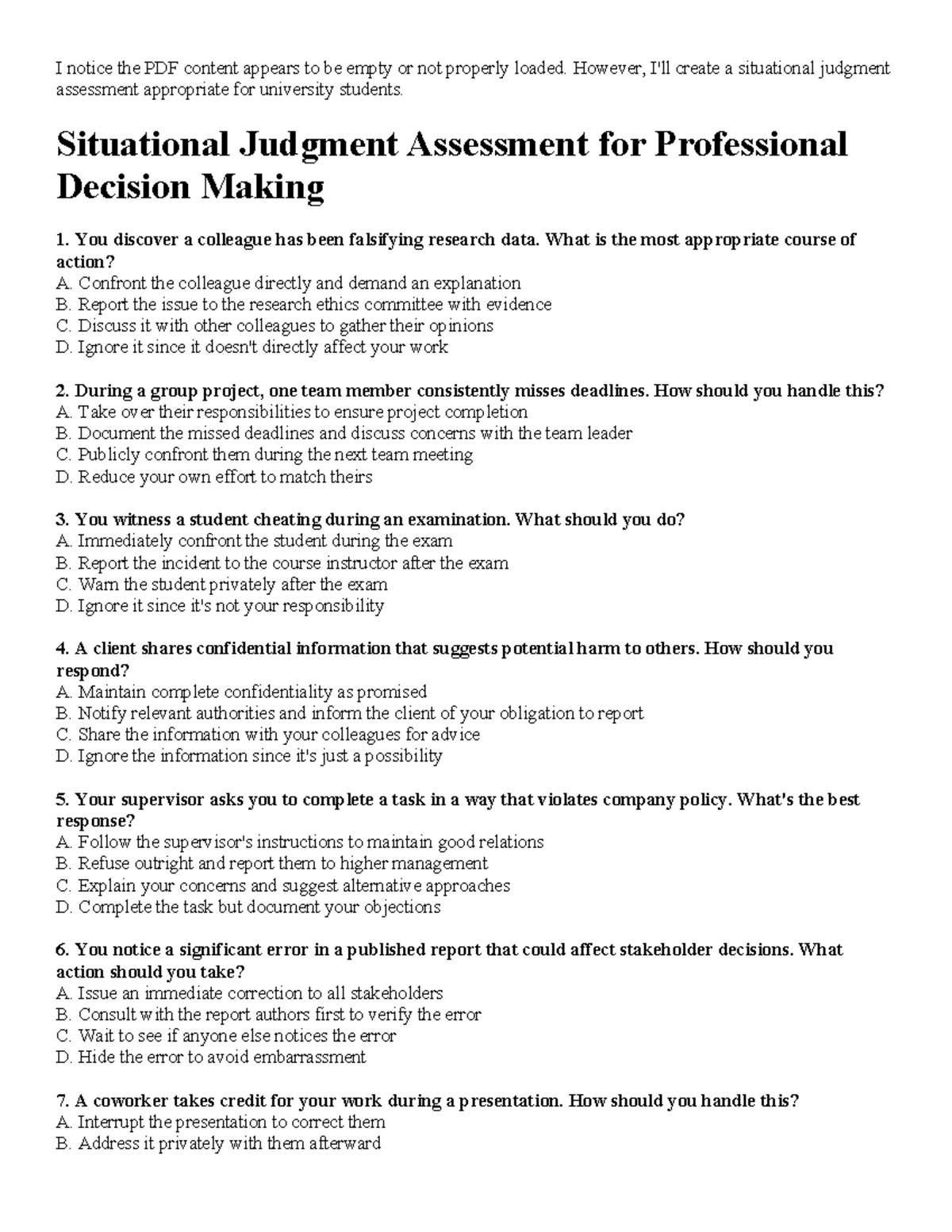 Situational Judgment Assessment for Professional Decision Making (PA ...