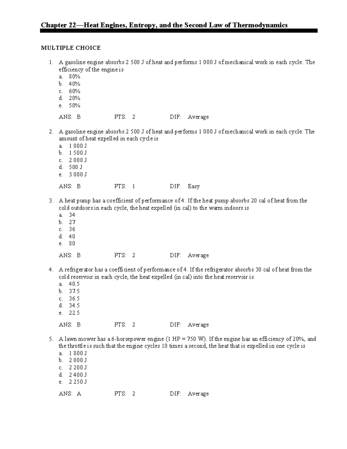 PSE 9e Ch 22 - Heat Engines and Thermodynamics Practice MCQs & Answers ...