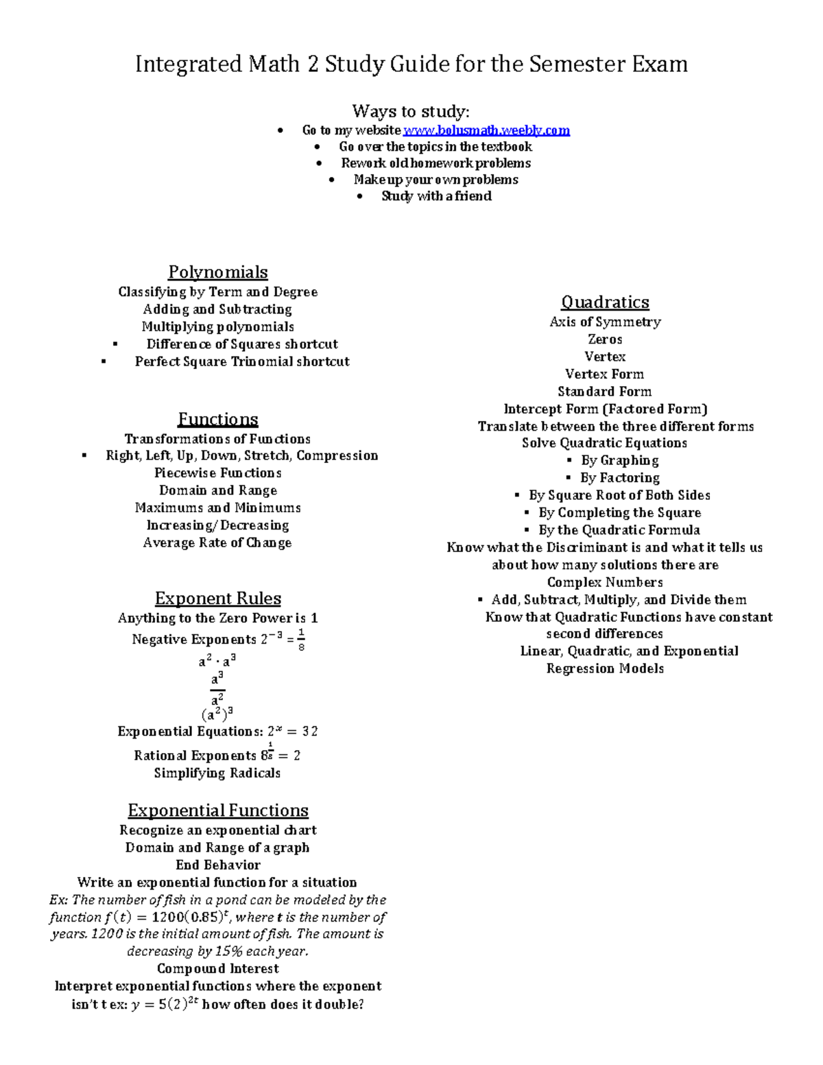 Integrated Math 2 Study Guide for Semester Exam - Studocu
