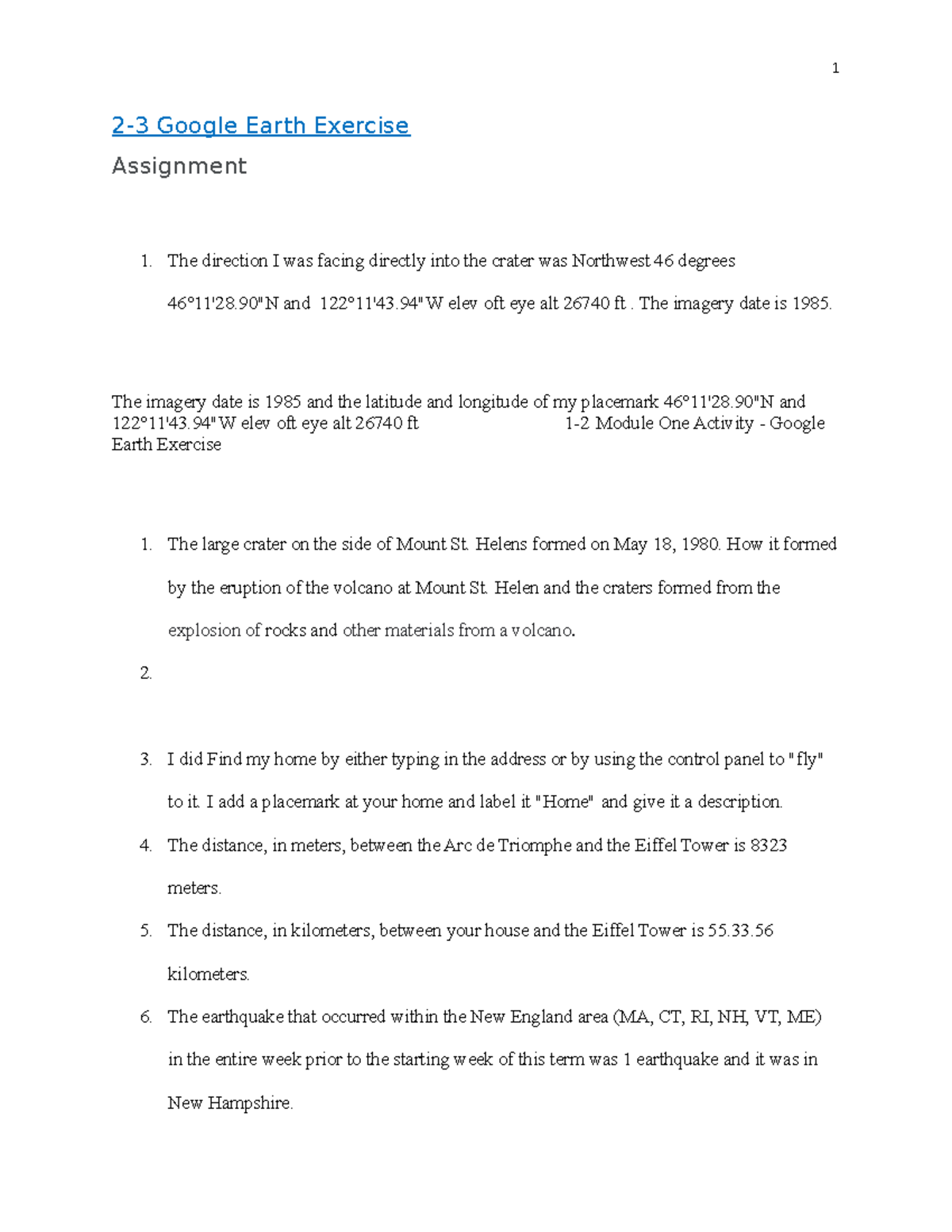 1-2 Module One Activity Google Earth Exercise - 1 2-3 Google Earth ...