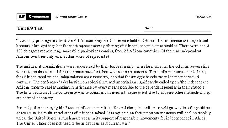 AP World History: Modern Unit Test Review and Answers - Studocu