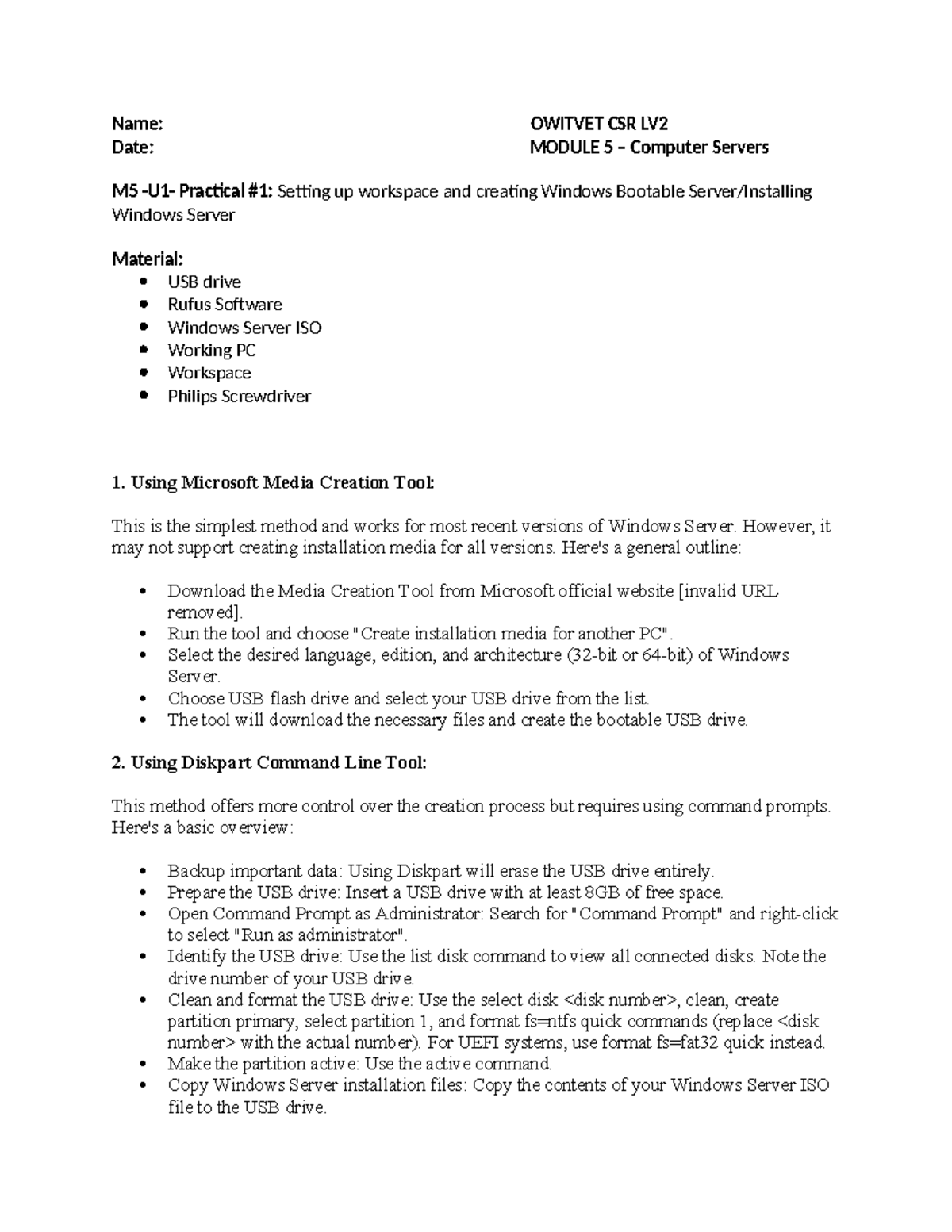 OWITVET CSR LV2 M5 Practical Guide: Setting Up Windows Server - Studocu