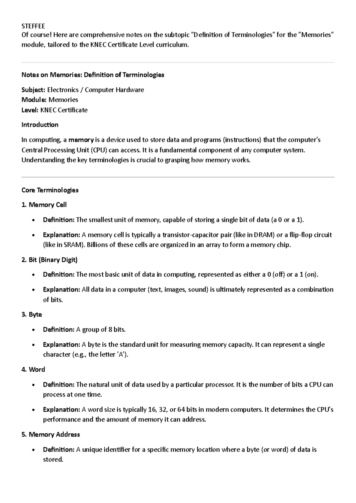 KNEC Cert: Basic Electronics - Memory Terminologies Overview - Studocu