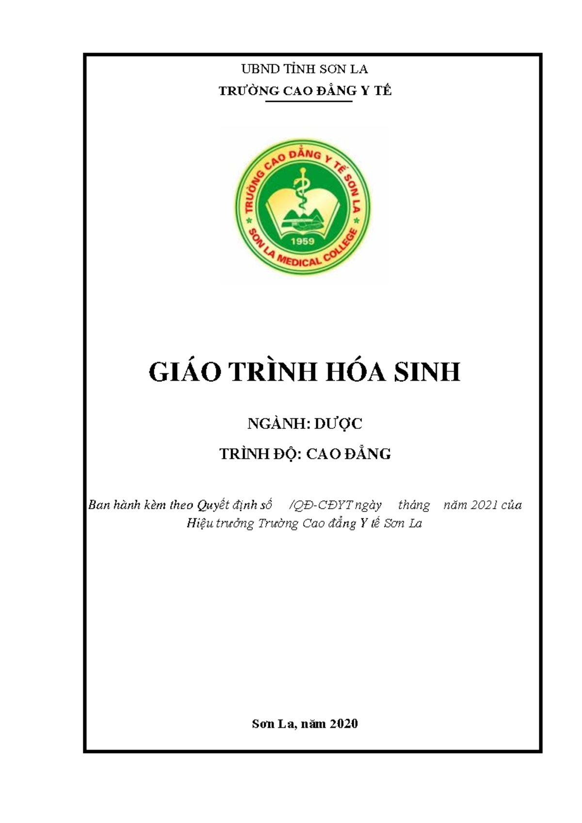 Giáo Trình Hóa Sinh Dược Cao Đẳng - Ngành Dược 2020 - Studocu