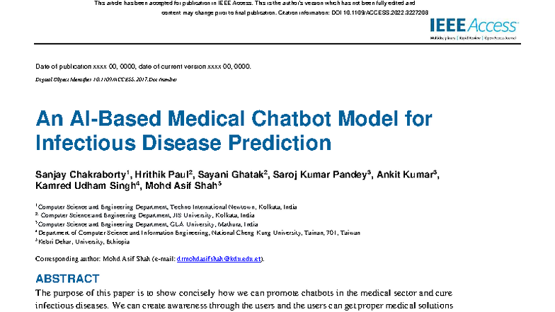An AI-Based Medical Chatbot Model for Infectious Disease Prediction ...