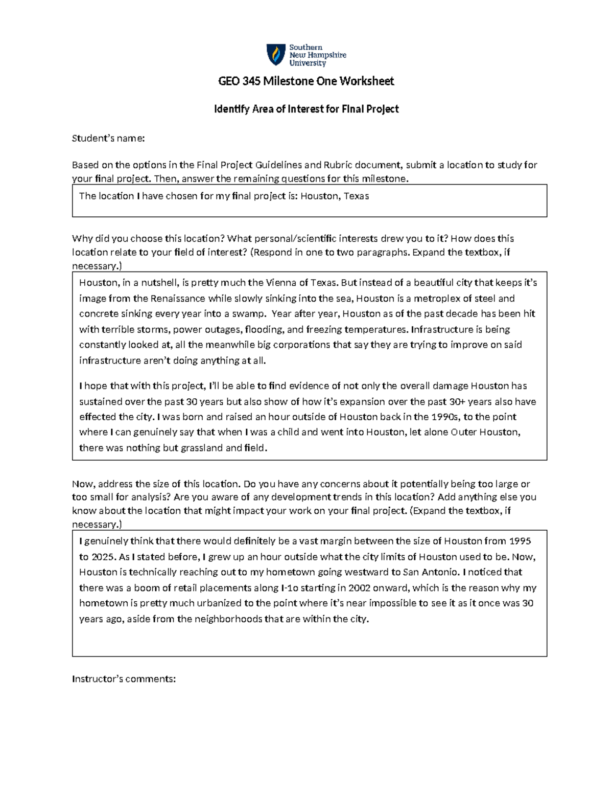 GEO 345 Final Project Milestone One: Houston Analysis Worksheet - Studocu