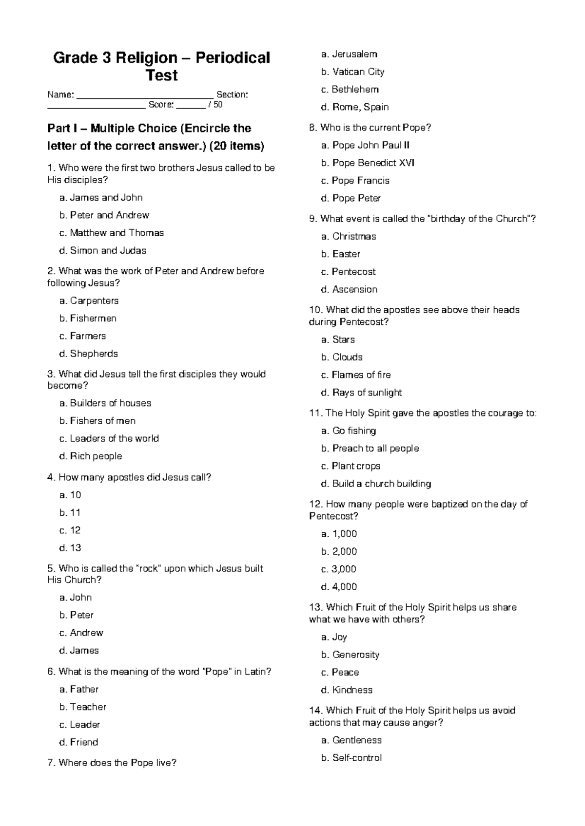 Grade 3 Religion Periodical Test (Section: Score: 50) - Studocu