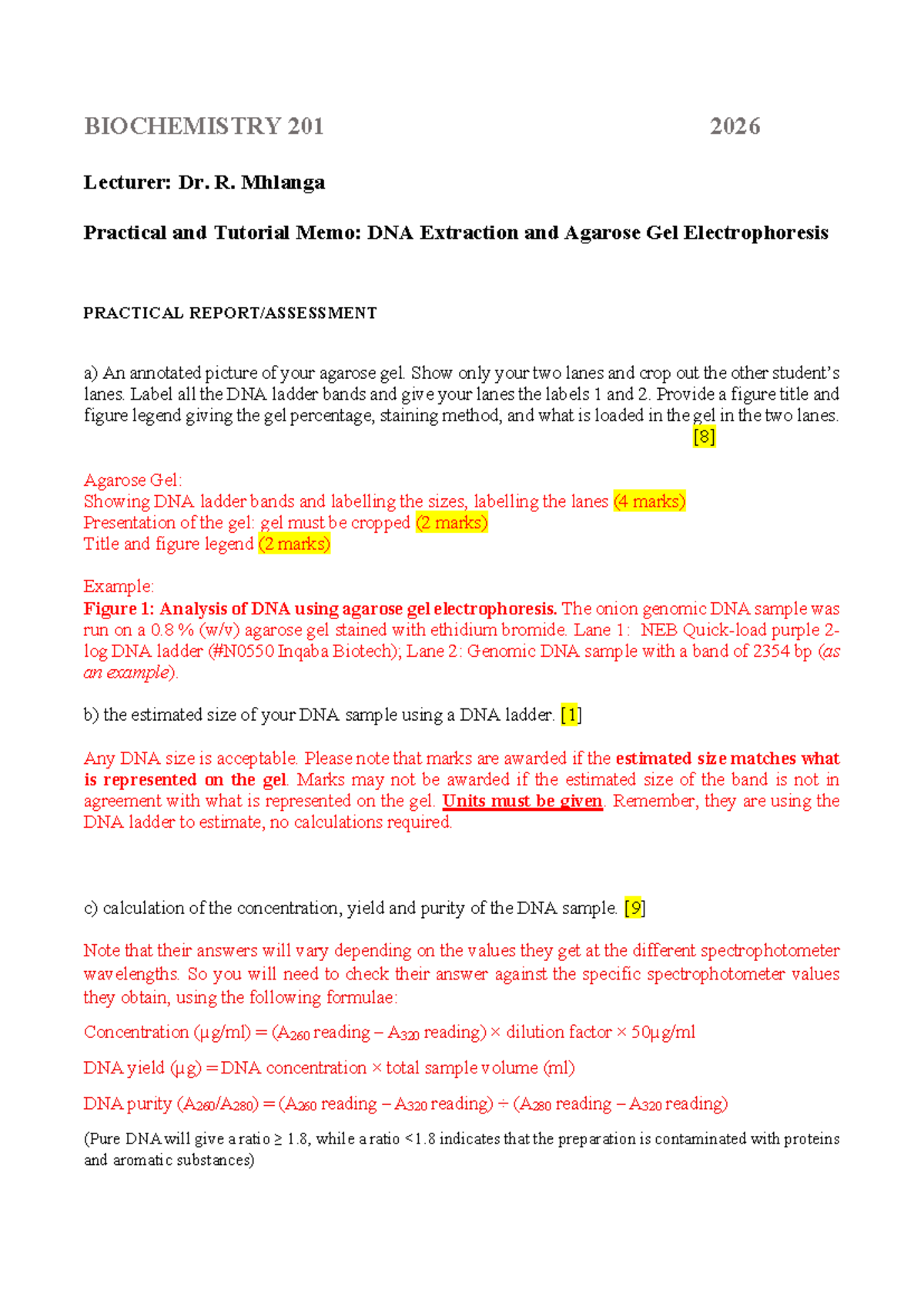 BCH 201 2026 Practical Memo: DNA Isolation & Agarose Gel ...