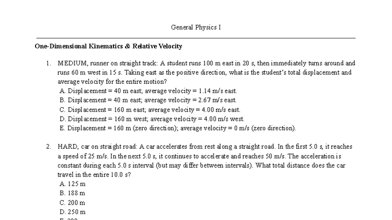 Physics Kinematics: One-Dimensional Motion & Relative Velocity - Studocu