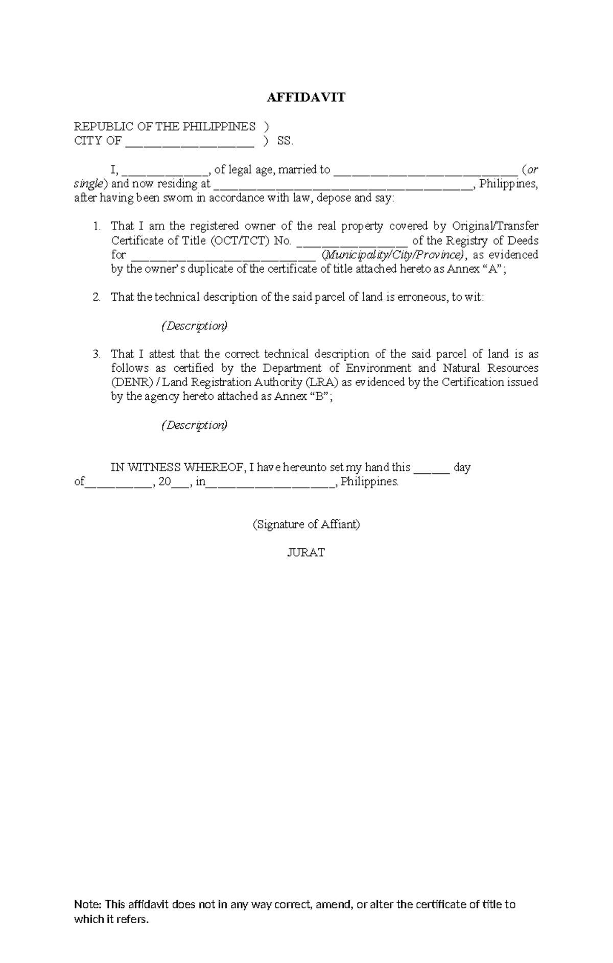 General Affidavit: Legal Ownership Transfer in the Philippines - Studocu