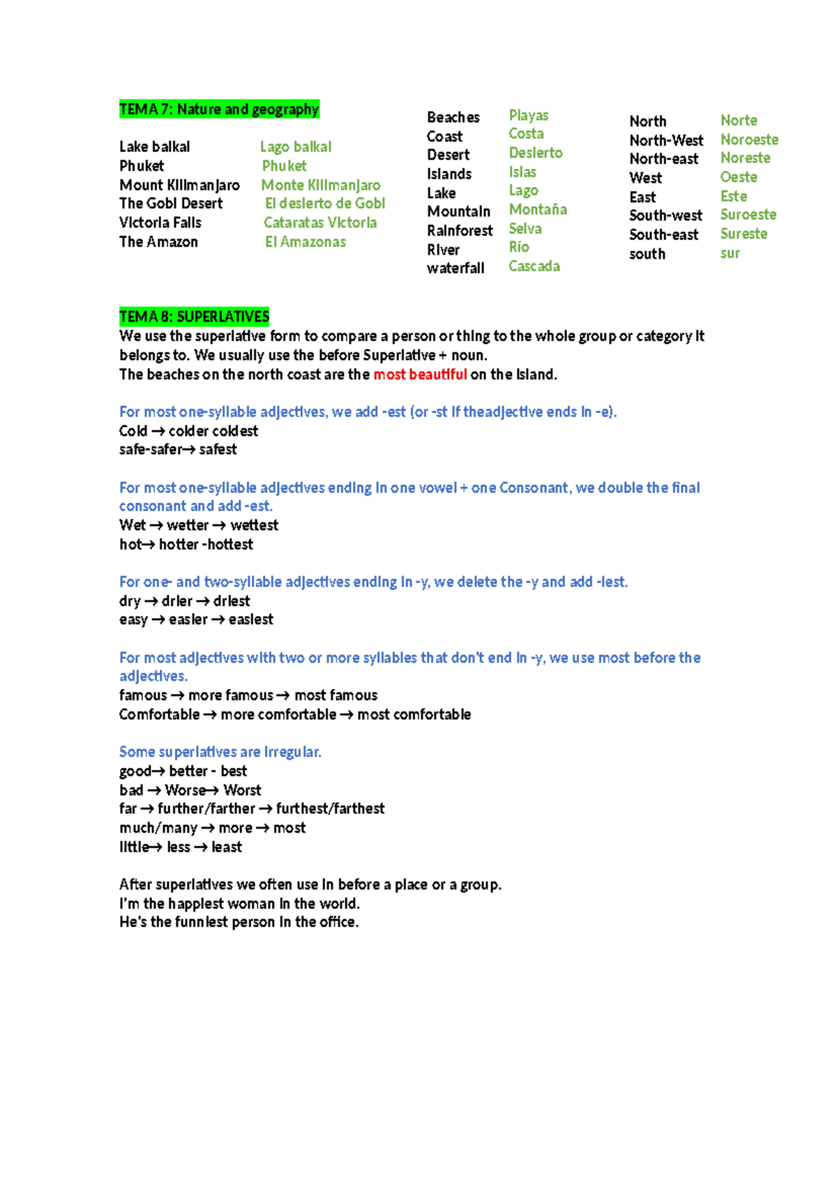 Tema 7 y 8: Nature, Geography & Superlatives in English - Studocu
