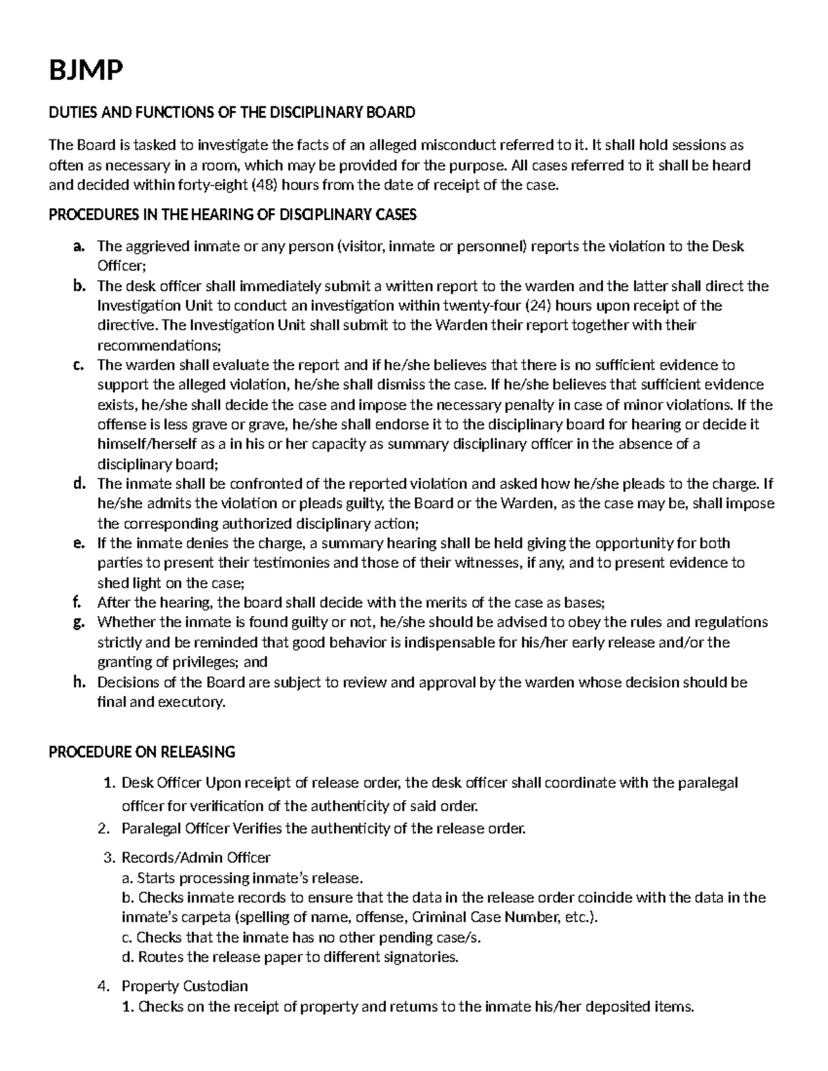 BJMP 2023 - Disciplinary Board Procedures and Inmate Release Guidelines ...
