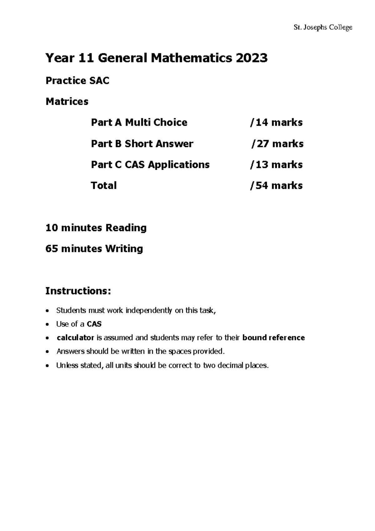 Year 11 General Maths 2023 Practice SAC: Matrices Overview - Studocu