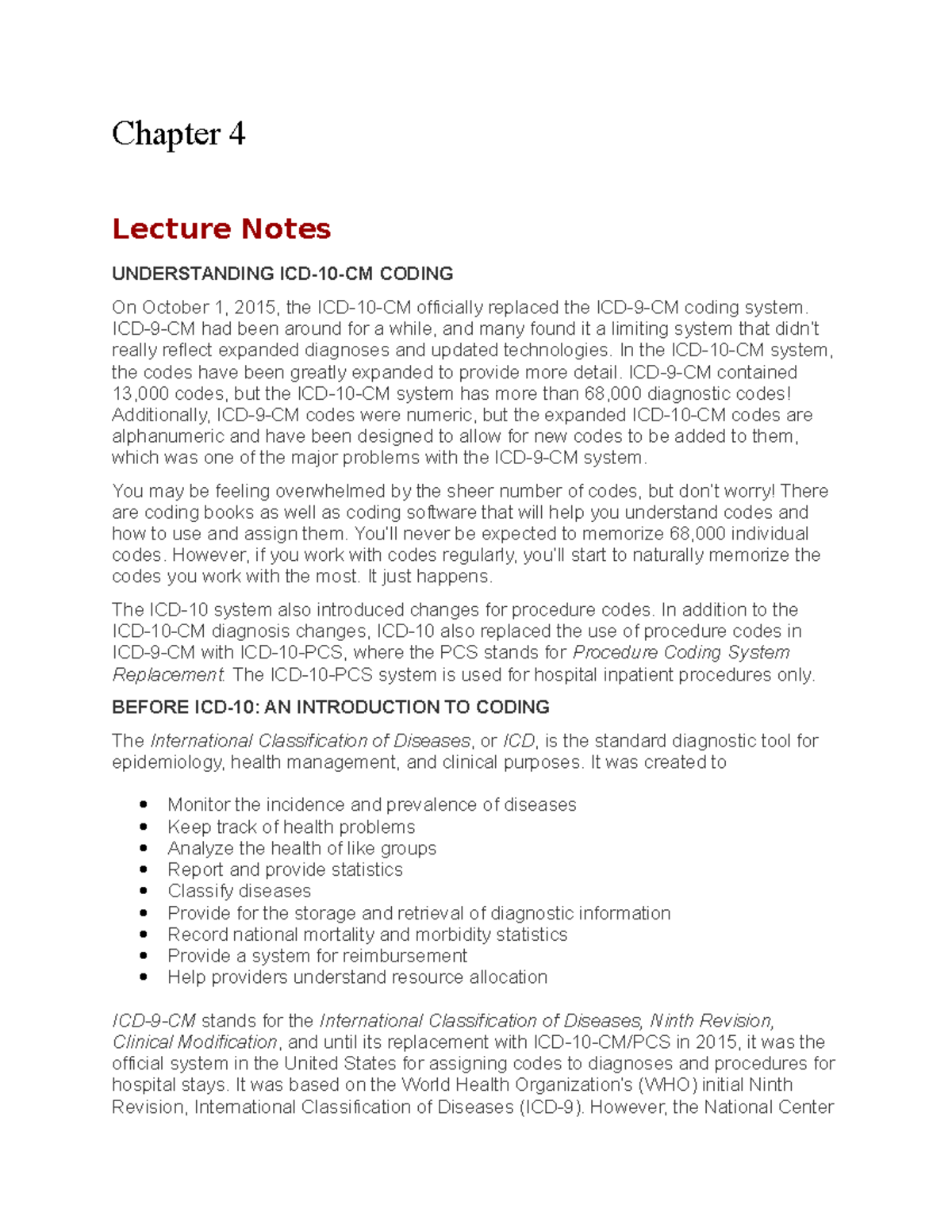 Chapter 4 - ICD-10-CM Coding Class Notes for Quiz Preparation - Studocu