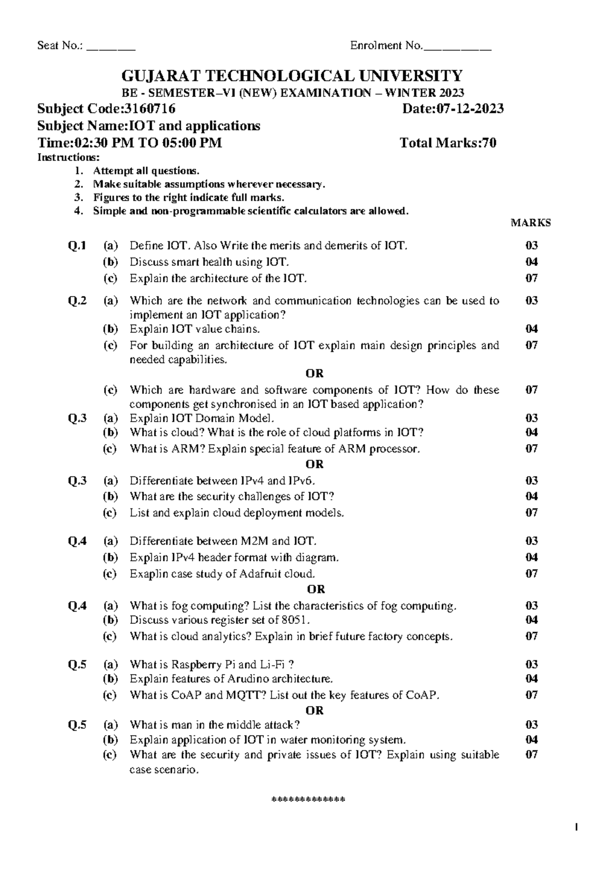 IOT and Applications Exam Papers - BE Semester VI (Code: 3160716) - Studocu