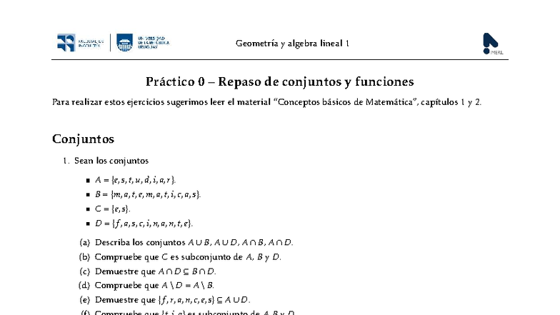 Práctico 0 - Repaso de Conjuntos y Funciones en Álgebra Lineal 1 - Studocu