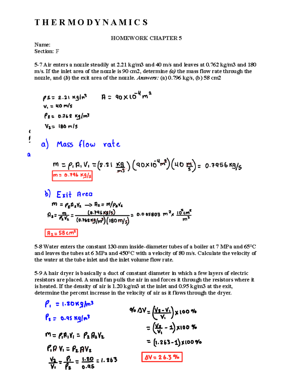 Thermodynamics Homework Solutions for Chapter 5 - Calculations and ...