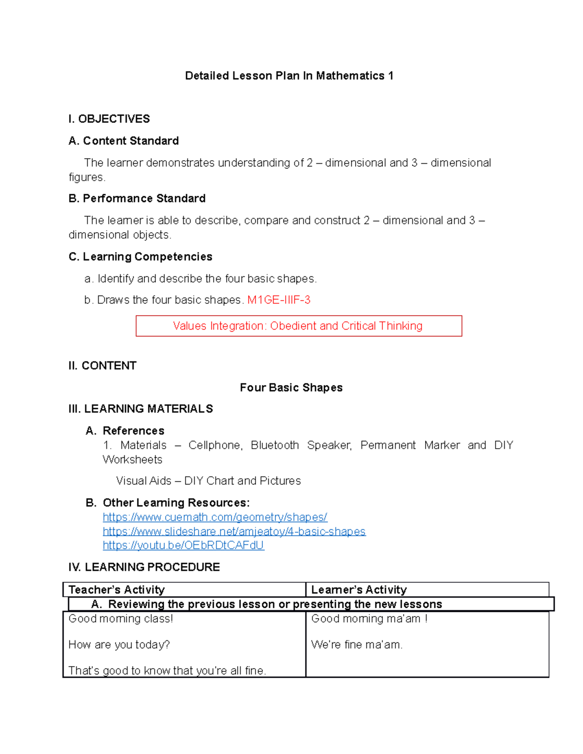 Detailed Lesson Plan in Math 1 - 4 Basic Shapes (M1GE-IIIF) - Studocu