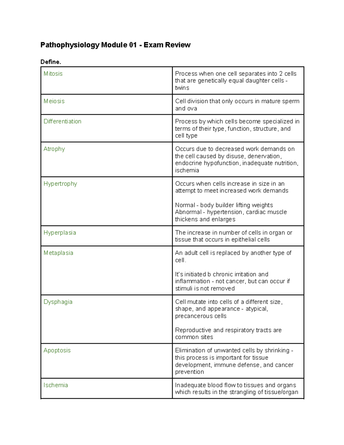 Pathophysiology Module 01 - Exam Review - Mitosis Process when one cell ...