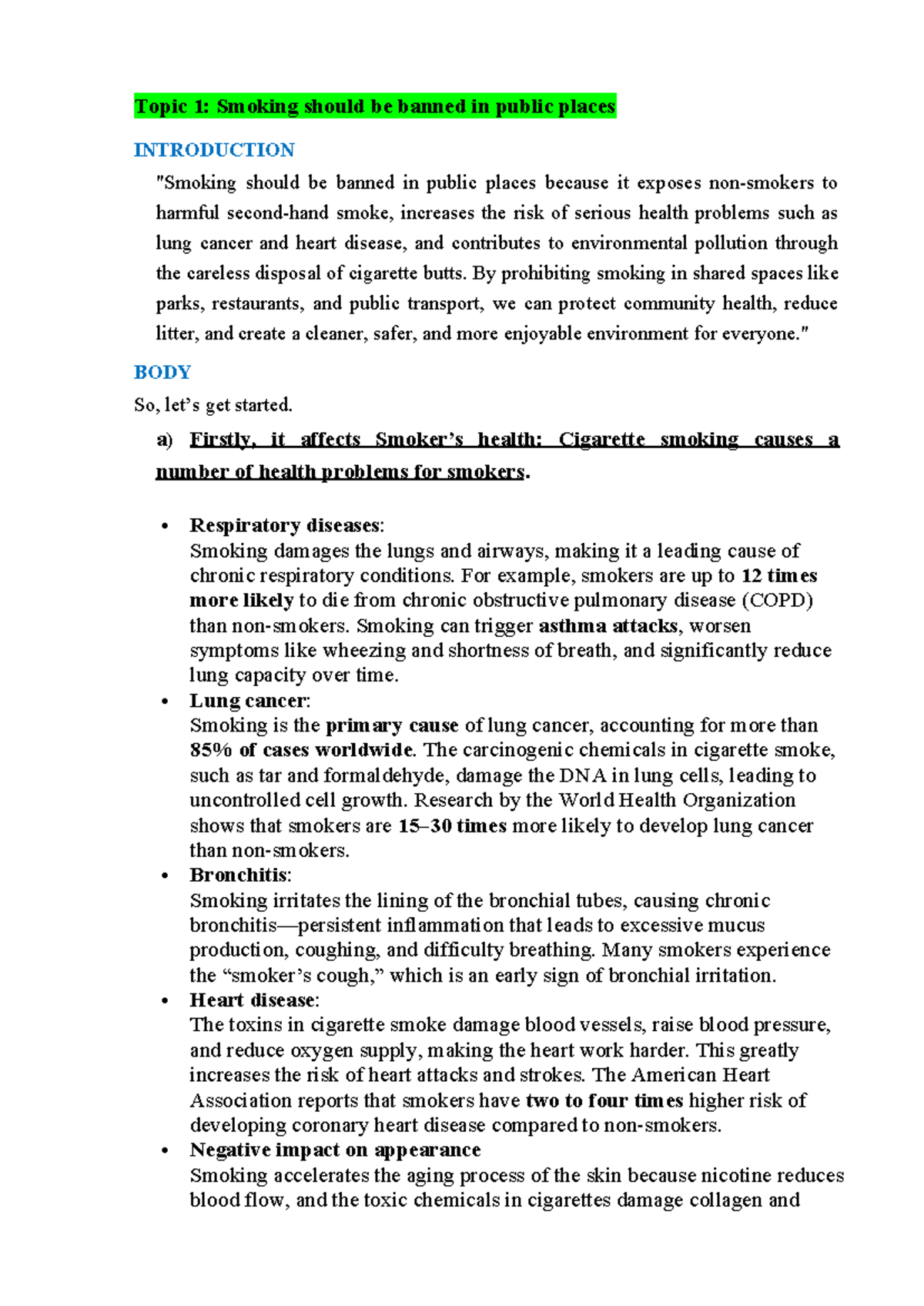 Topic 1: Smoking Ban in Public Places - Health & Environmental Impacts ...