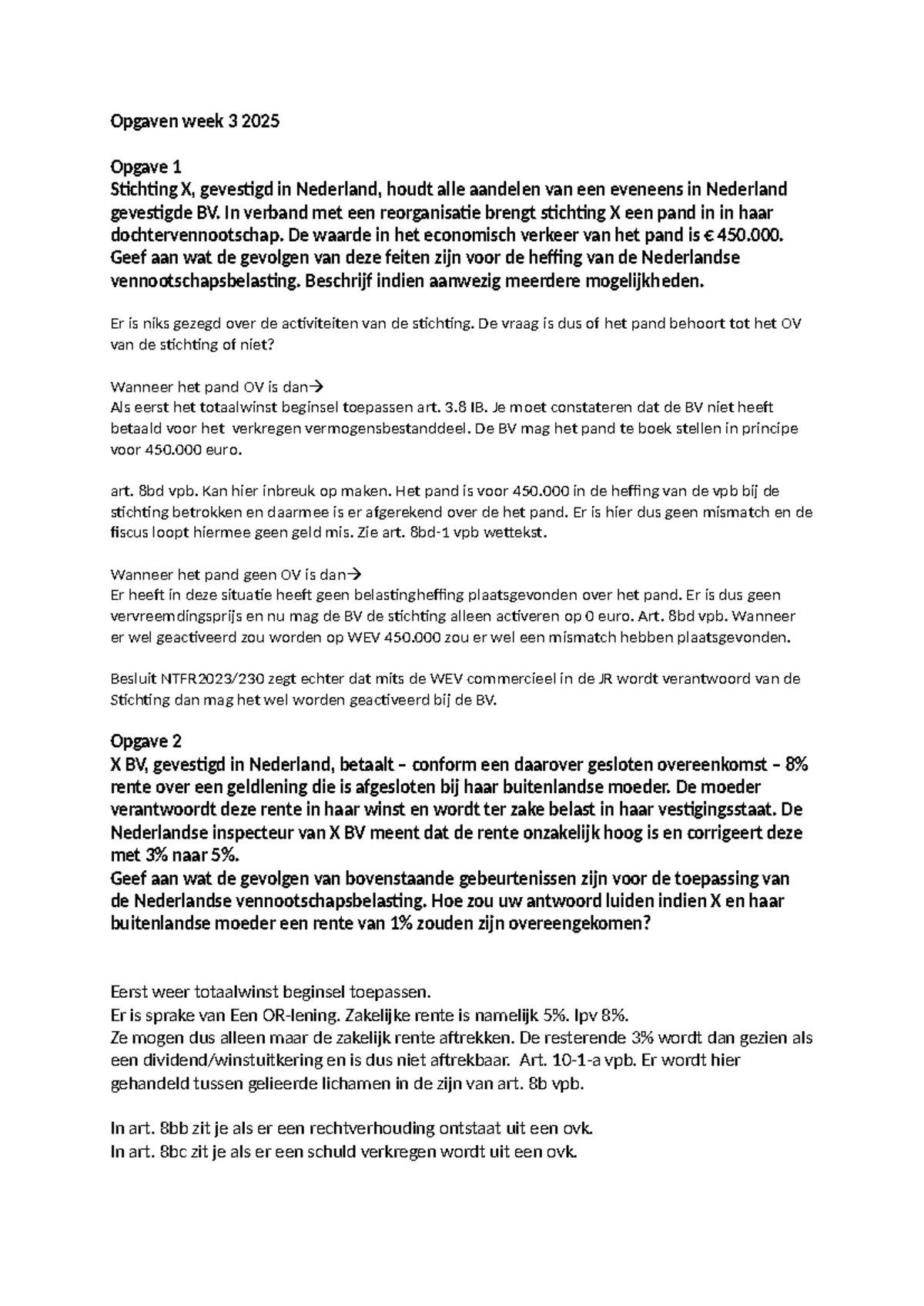 Opgaven Werkgroep Week 3 2025: Vennootschapsbelasting Analyse - Studeersnel