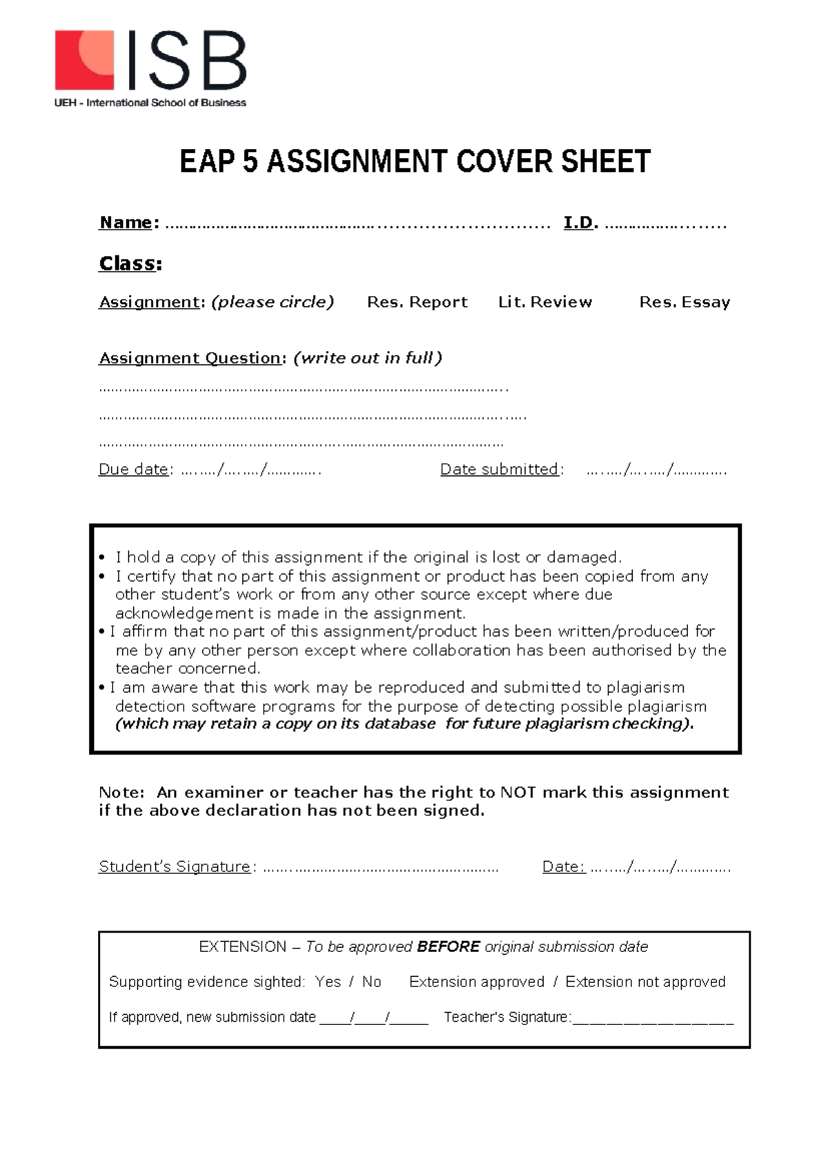 EAP 5 Assignment Cover Sheet and Submission Guidelines - Studocu