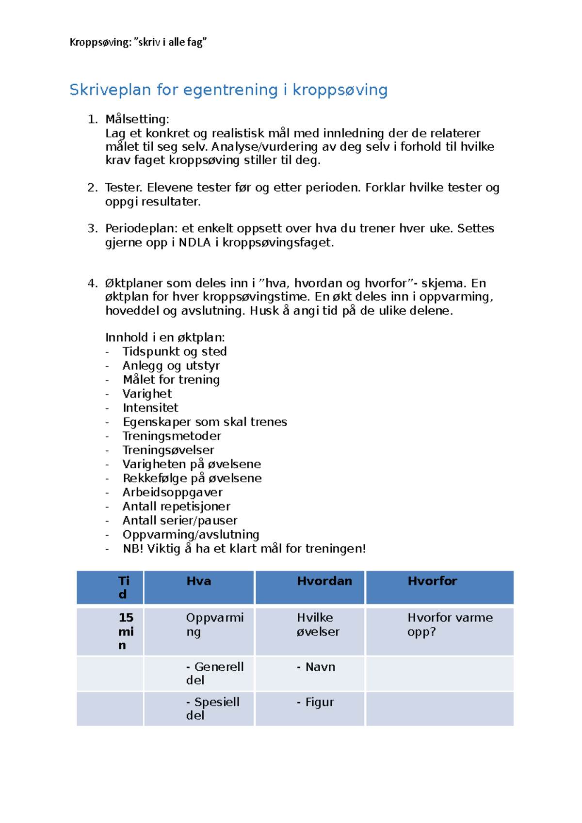 Skriveplan for egentrening i kroppsøving - Kroppsøving: ”skriv i alle ...