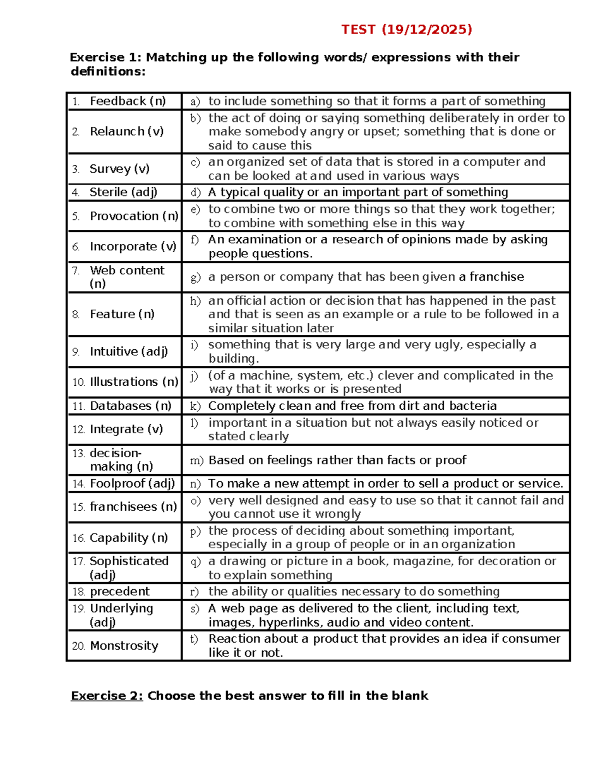 TEST Exercise 1 & 2: Vocabulary Matching and Fill-in-the-Blank - Studocu