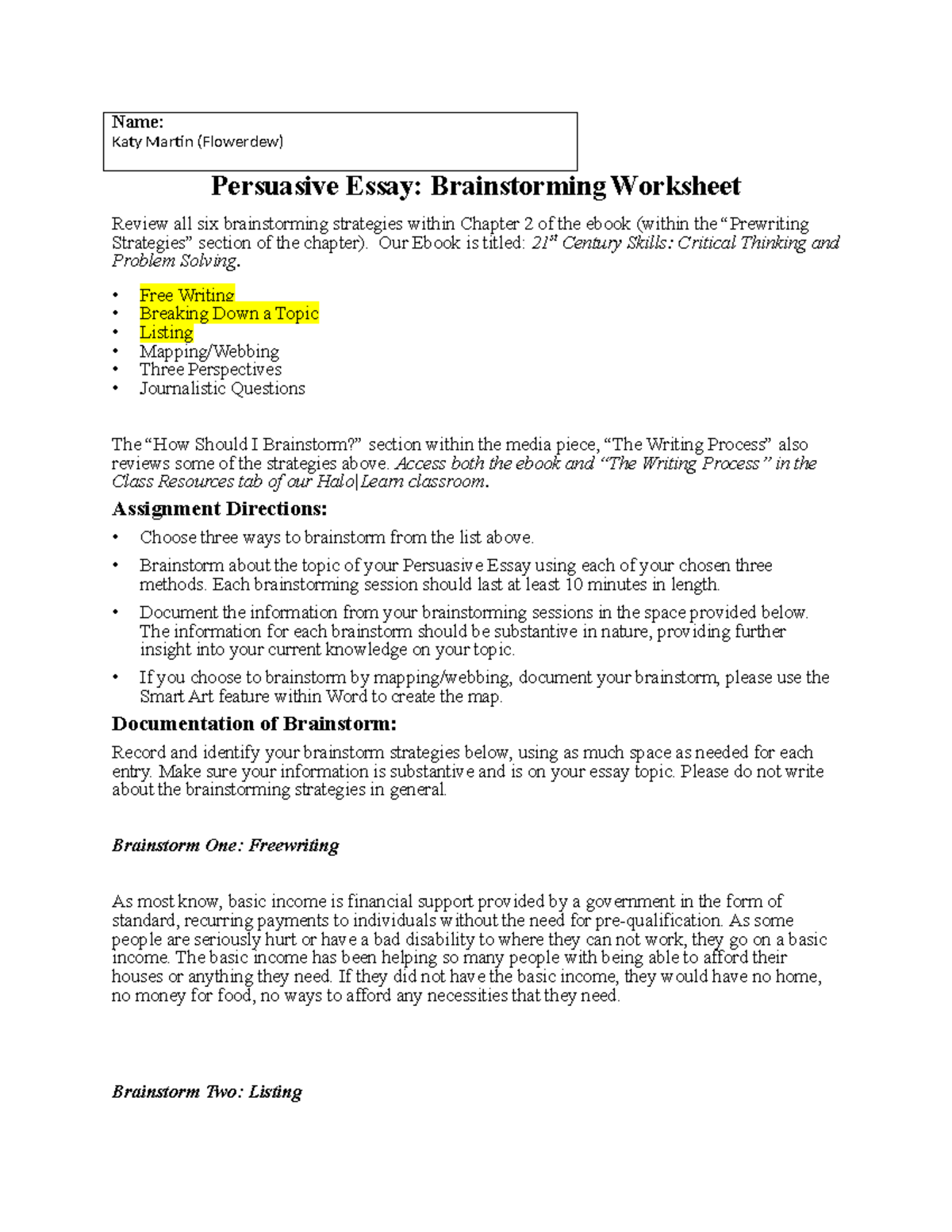 PHI105 Midterm Persuasive Essay Brainstorming Worksheet - Katy Martin ...