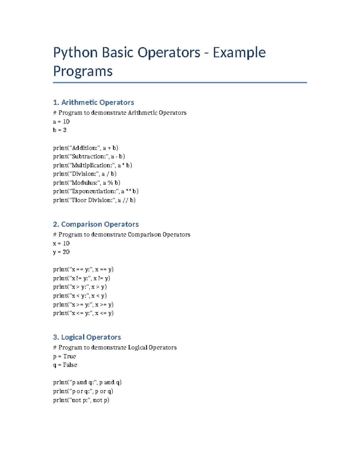 Python Basic Operators Programs: Examples & Demonstrations - Studocu