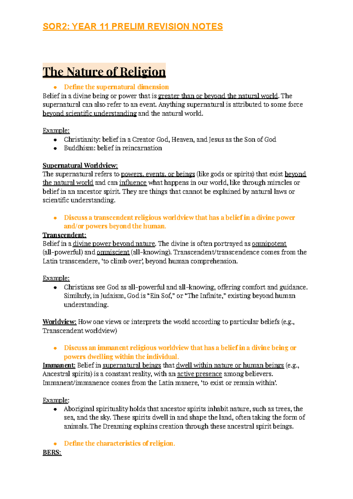 SOR2: YEAR 11 PRELIM REVISION NOTES - The Nature of Religion and ...