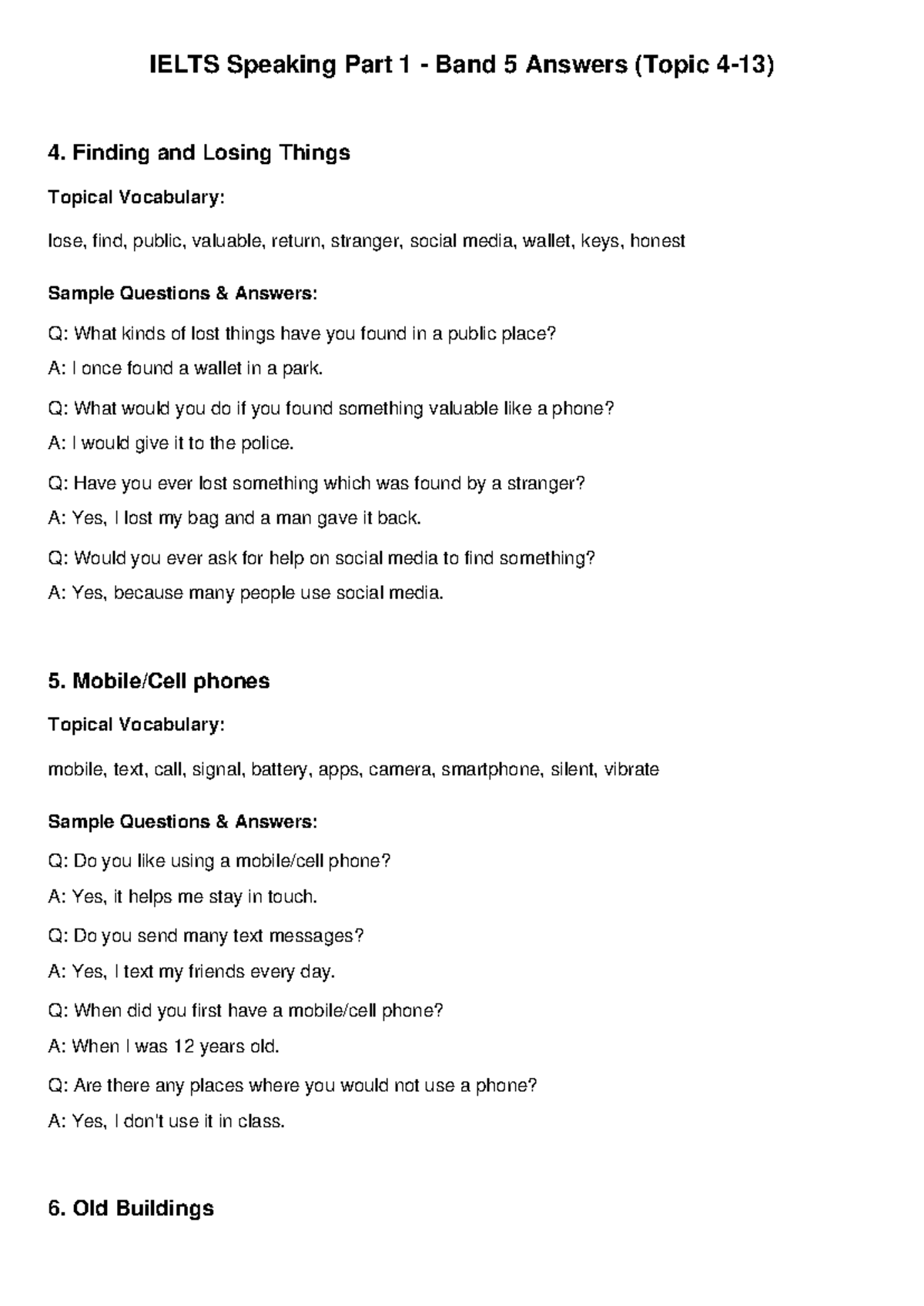 IELTS Speaking Part 1 Band 5: Topics 4-13 Vocabulary & Sample Answers ...