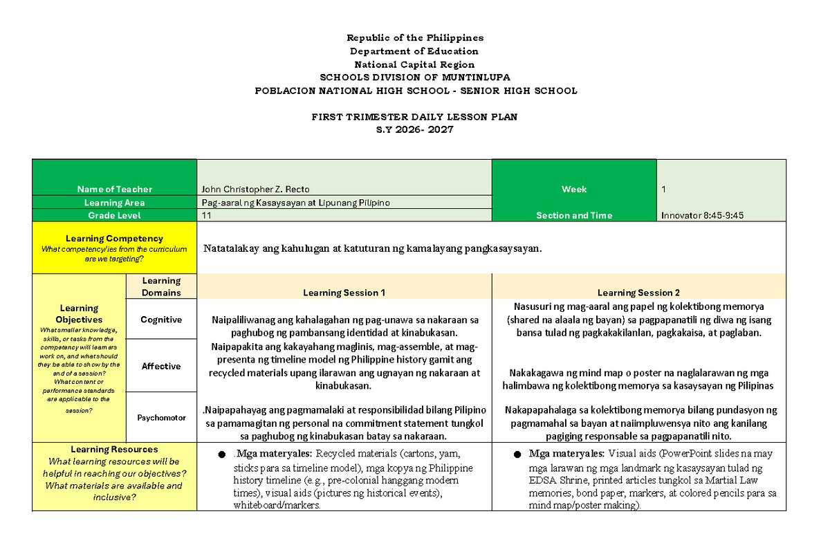 S.Y. 2026-2027 Daily Lesson Plan for Pag-aaral ng Kasaysayan at ...