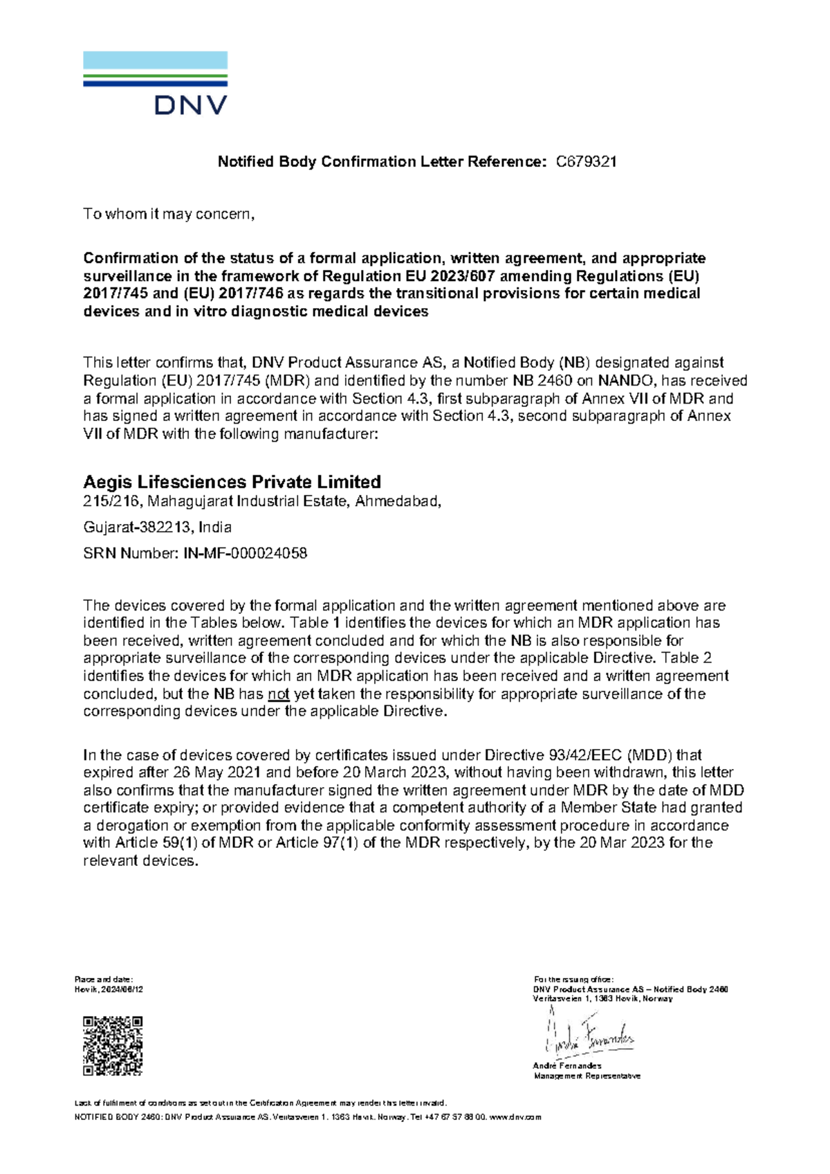 Notified Body Confirmation Letter C679321 - DNV Product Assurance AS ...