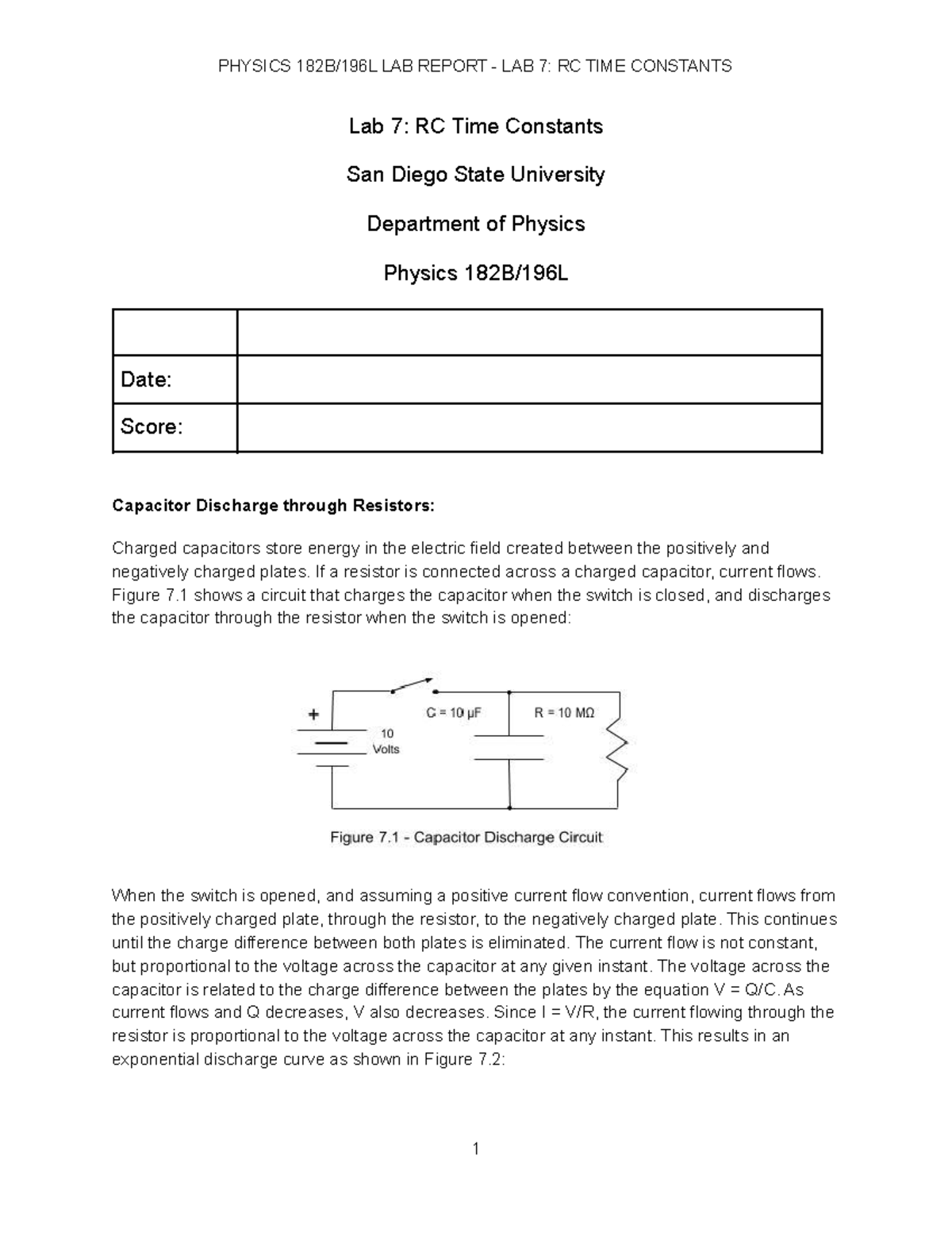 Lab 7: RC Time Constants - Lab 7: RC Time Constants San Diego State ...