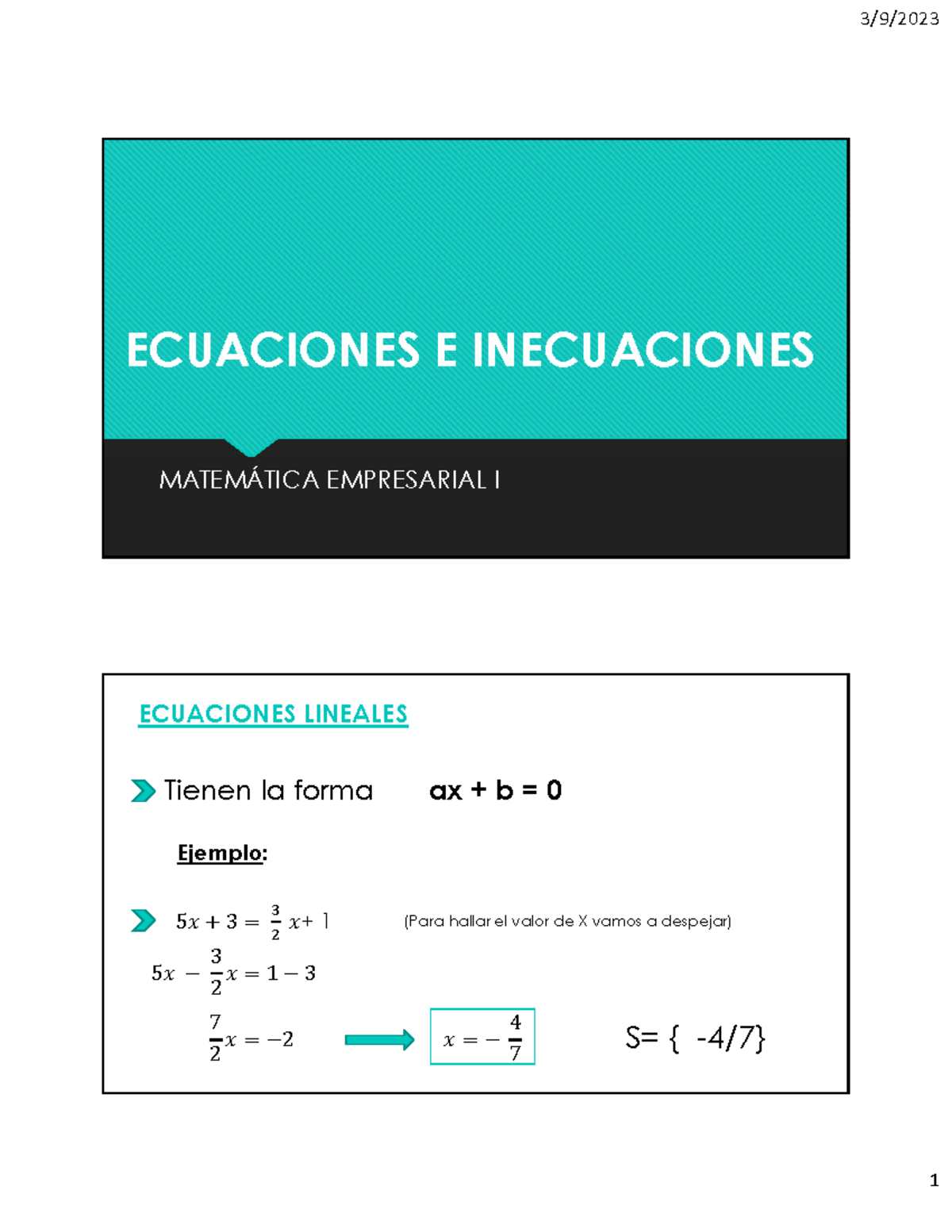 ECUACIONES E INECUACIONES EN MATEMÁTICA EMPRESARIAL I - UNIDAD 1 - Studocu