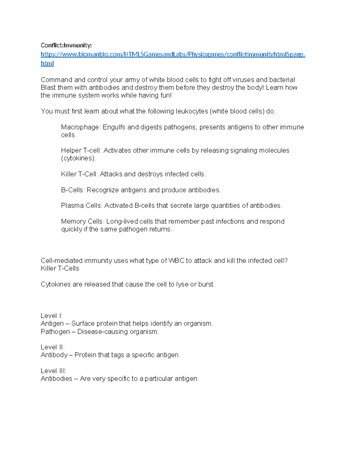 Conflict Immunity Worksheet: Understanding white blood cells and their ...