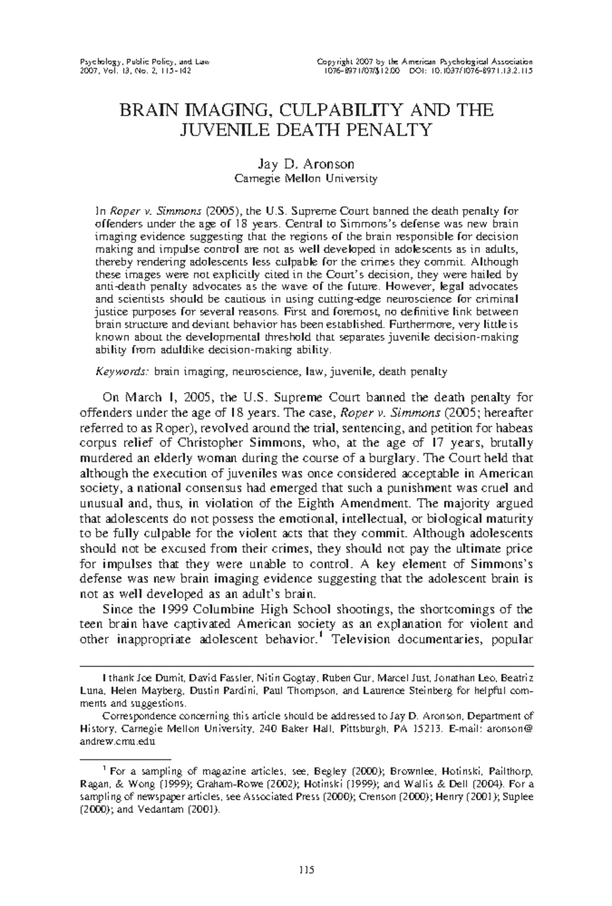 Brain Imaging and Legal Culpability in the Juvenile Death Penalty ...